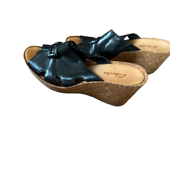 Clarks | Shoes | Clarks Black Leather Backless Open Toe Cork Like Wedge ...